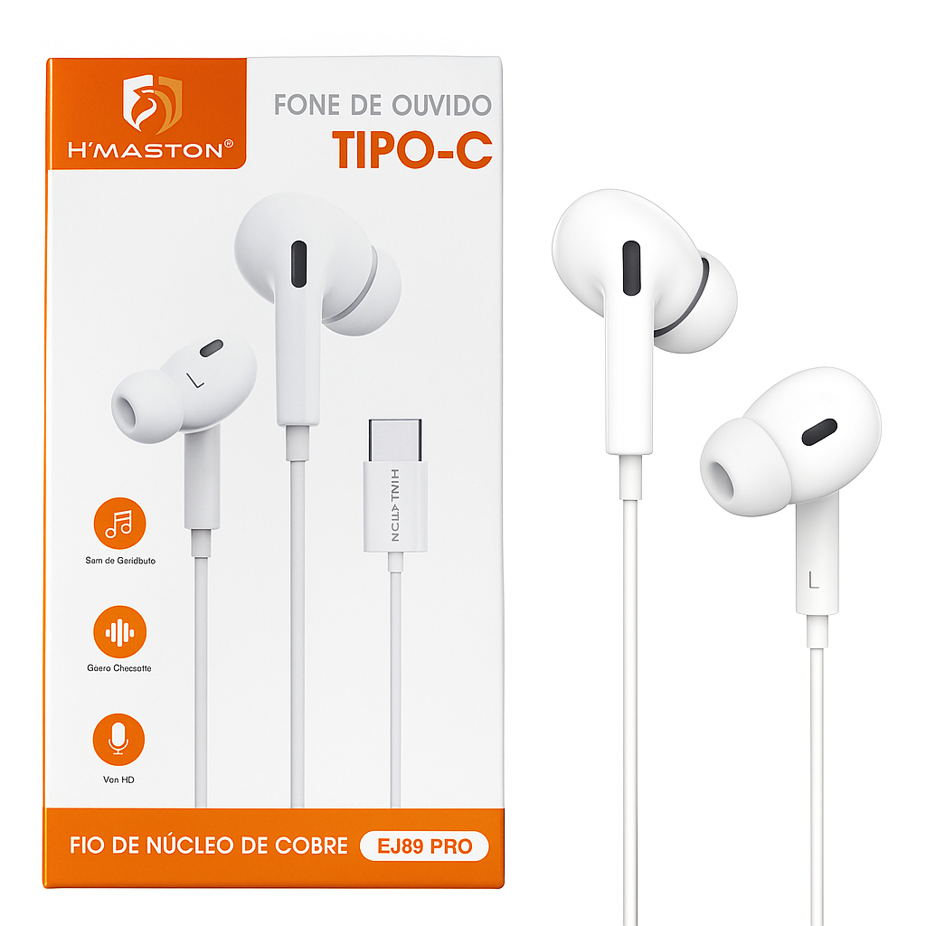 Fone de Ouvido H’MASTON Tipo-C EJ89 PRO Intra Auricular Cor Branco ...