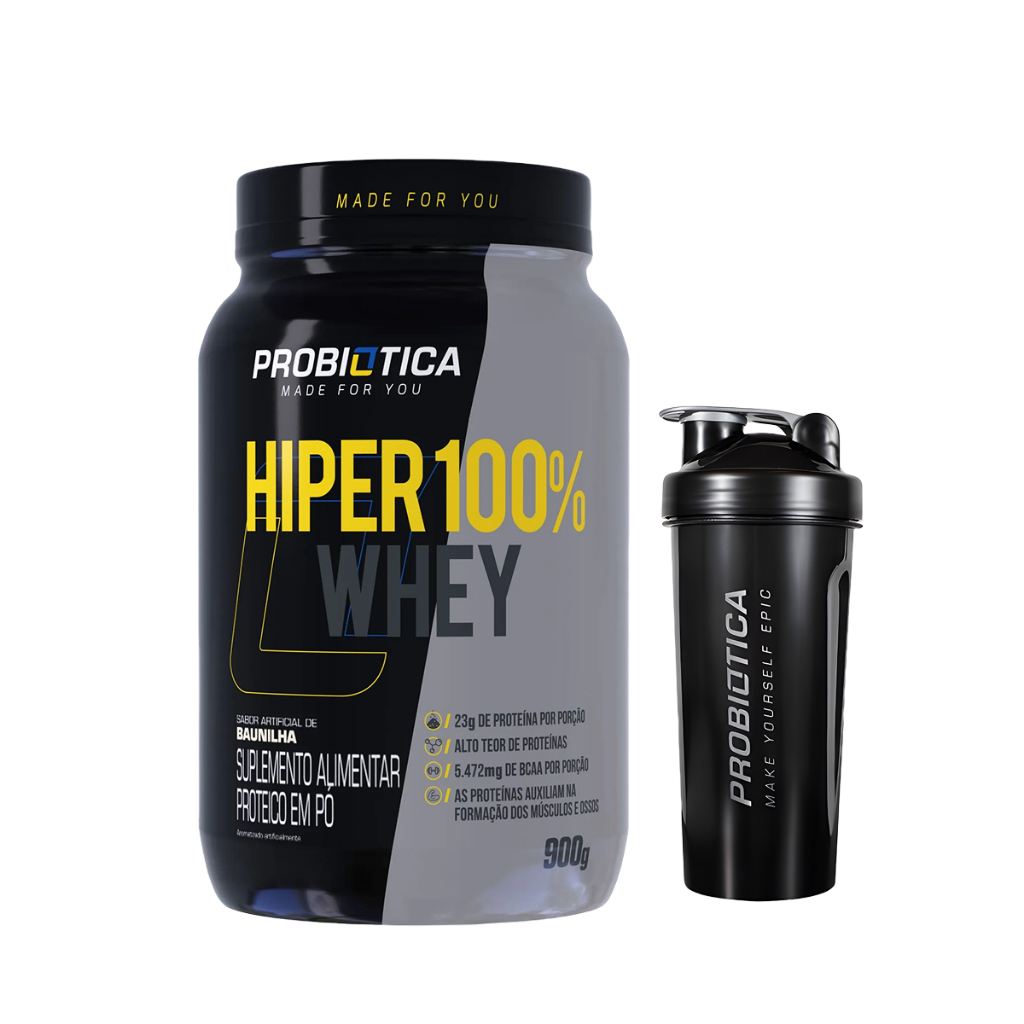 Kit Hiper 100% Whey Probiótica Baunilha Pote 900g + Coqueteleira 700ml ...