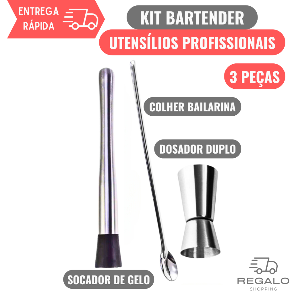 Kit Barman 3 peças essenciais Inox Socador + Colher Bailarina + Dosador ...