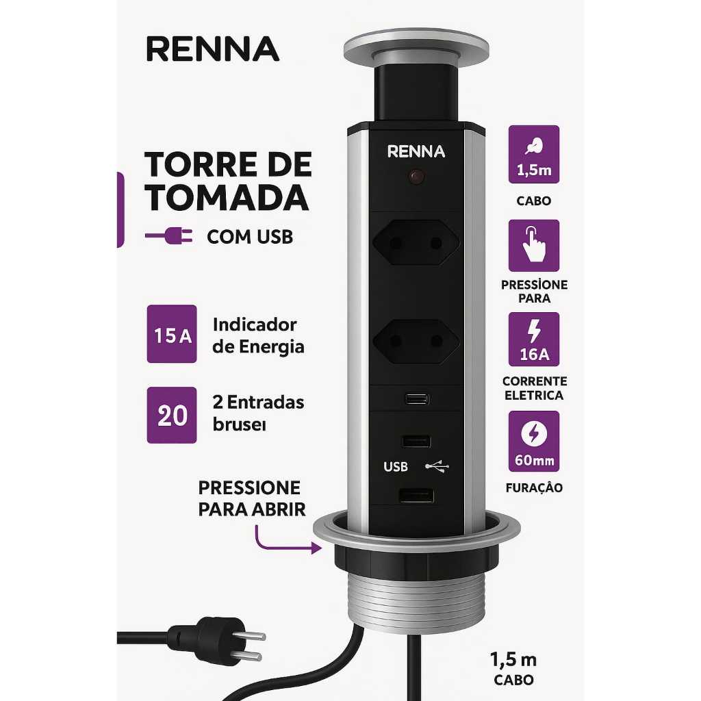 Torre de Tomada Embutir Mesa Cozinha Escritório 2 Tomadas USB 3 Portas ...