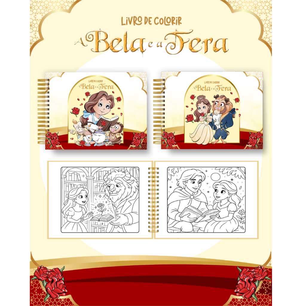 Livro de Colorir Bela e a Fera 50 folhas 180G Caderno de Desenho Pintura Coloring Book SEM ...