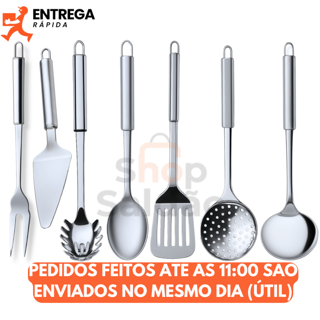 Kit 7 Utensílios para Cozinha Inox Espátula Concha Escumadeira Colher ...