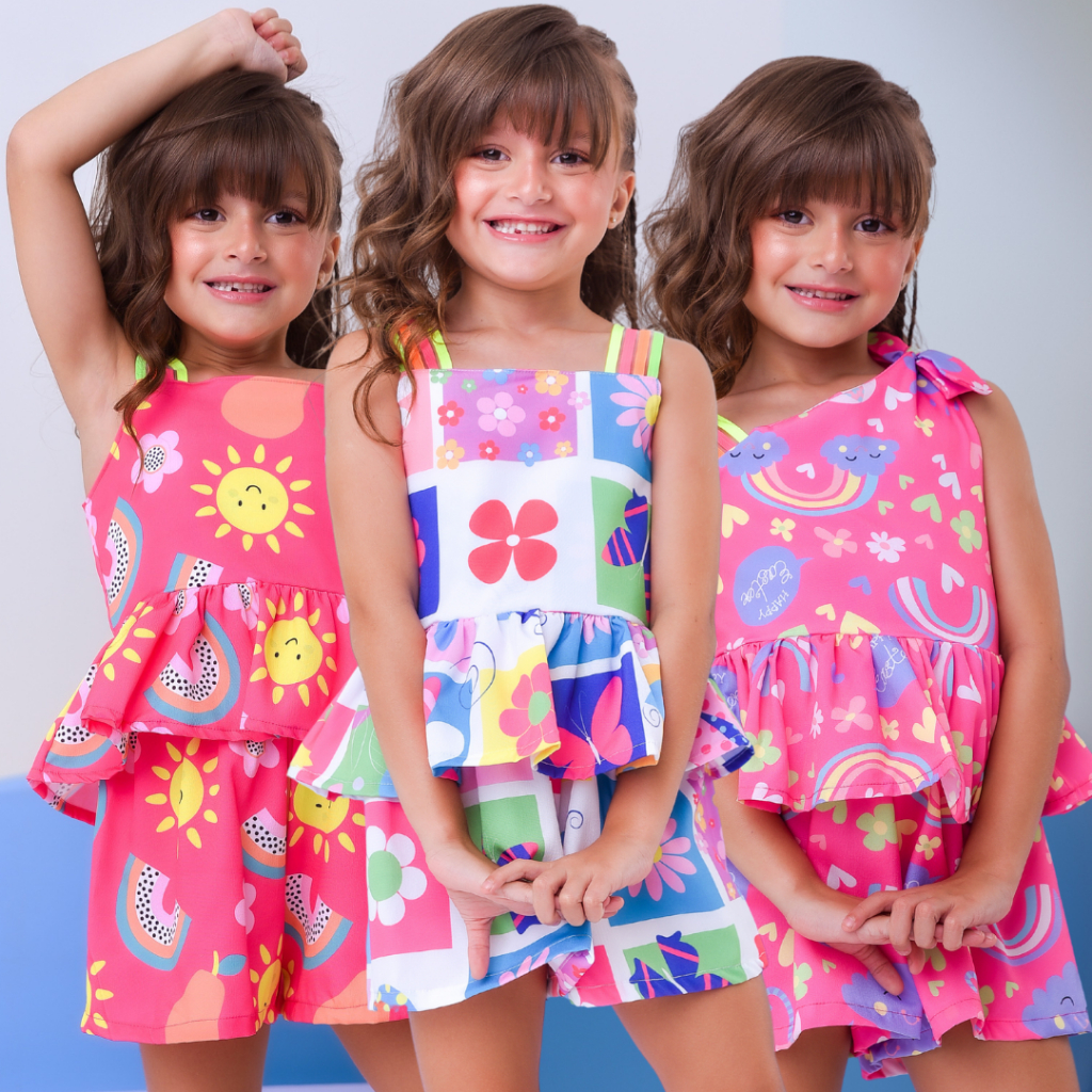 conjunto infantil menina estampa colorida short e blusa tecido sedinha ...