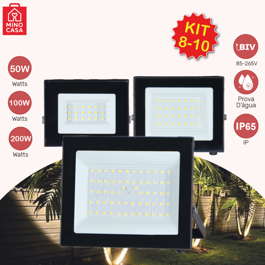 Kit 10 Holofote Refletor Led ECO Pro 200W 100W 50W Luz Fria 6500K IP65 ...
