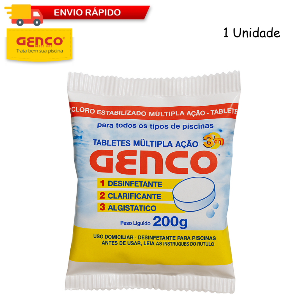Cloro Tablete 3 em 1 T-200 200g Para Piscina Genco - 1 Unidade | Shopee Brasil