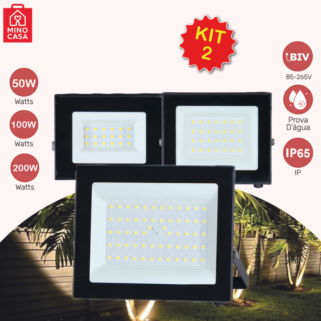Kit 2 Holofote Refletor Led ECO Pro 200W 100W 50W Branco Frio 6500K ...