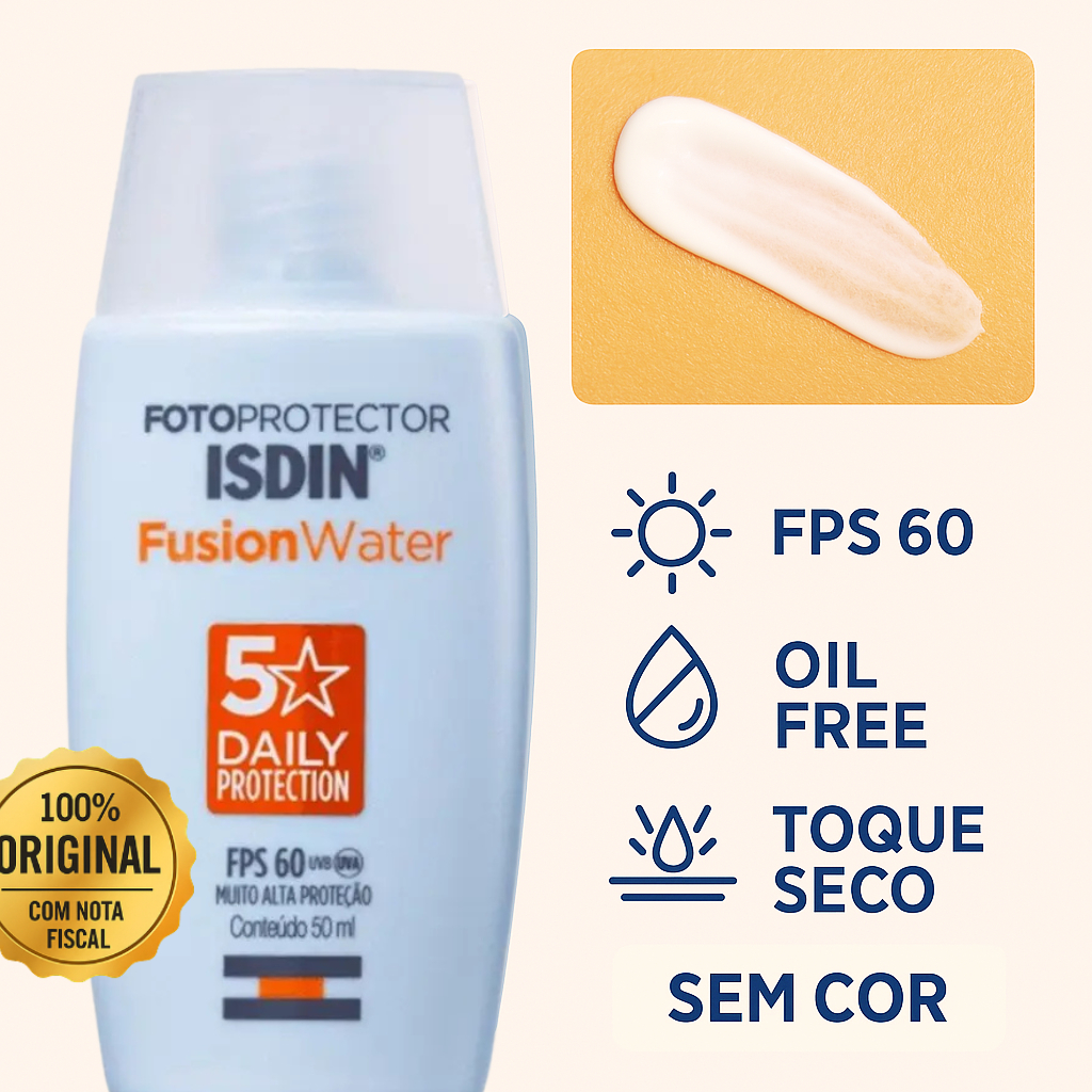 Protetor Solar ISDIN Fusion Water FPS 60 Sem Cor 50ml – Oil Free, Toque Seco, Hipoalergênico ...