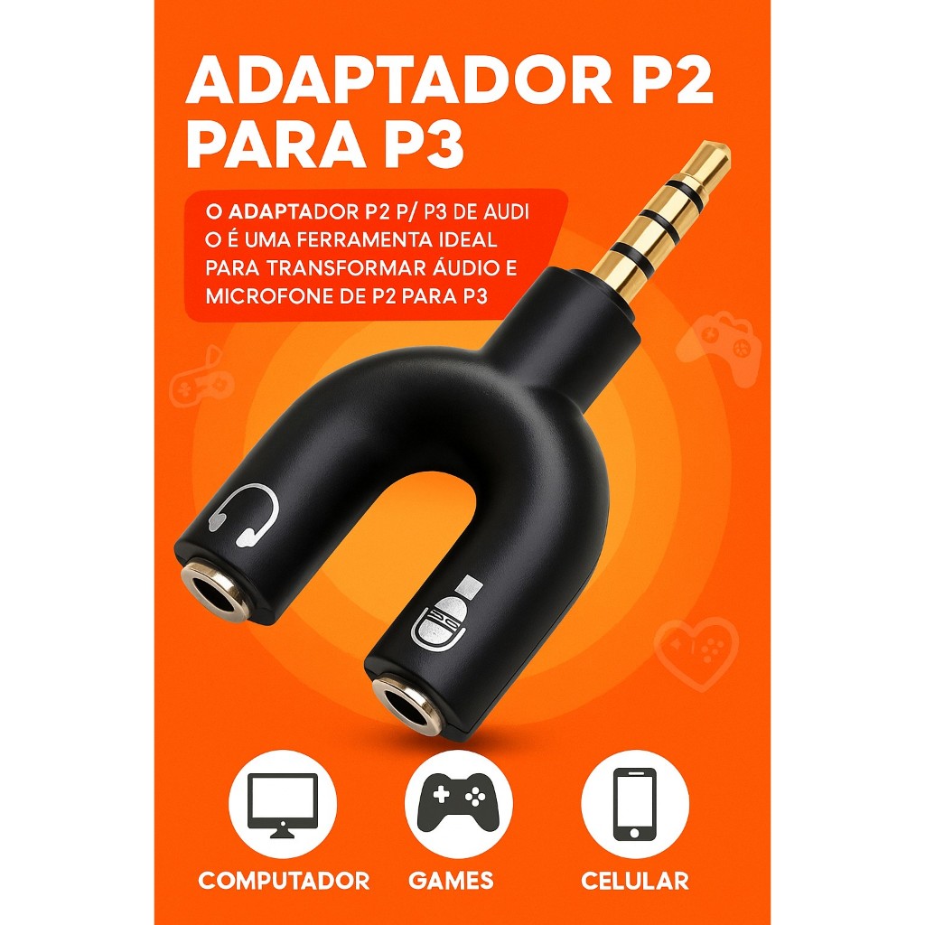 Adaptador P2 para P3 Áudio e Microfone – Compatível com PC, Celular e ...