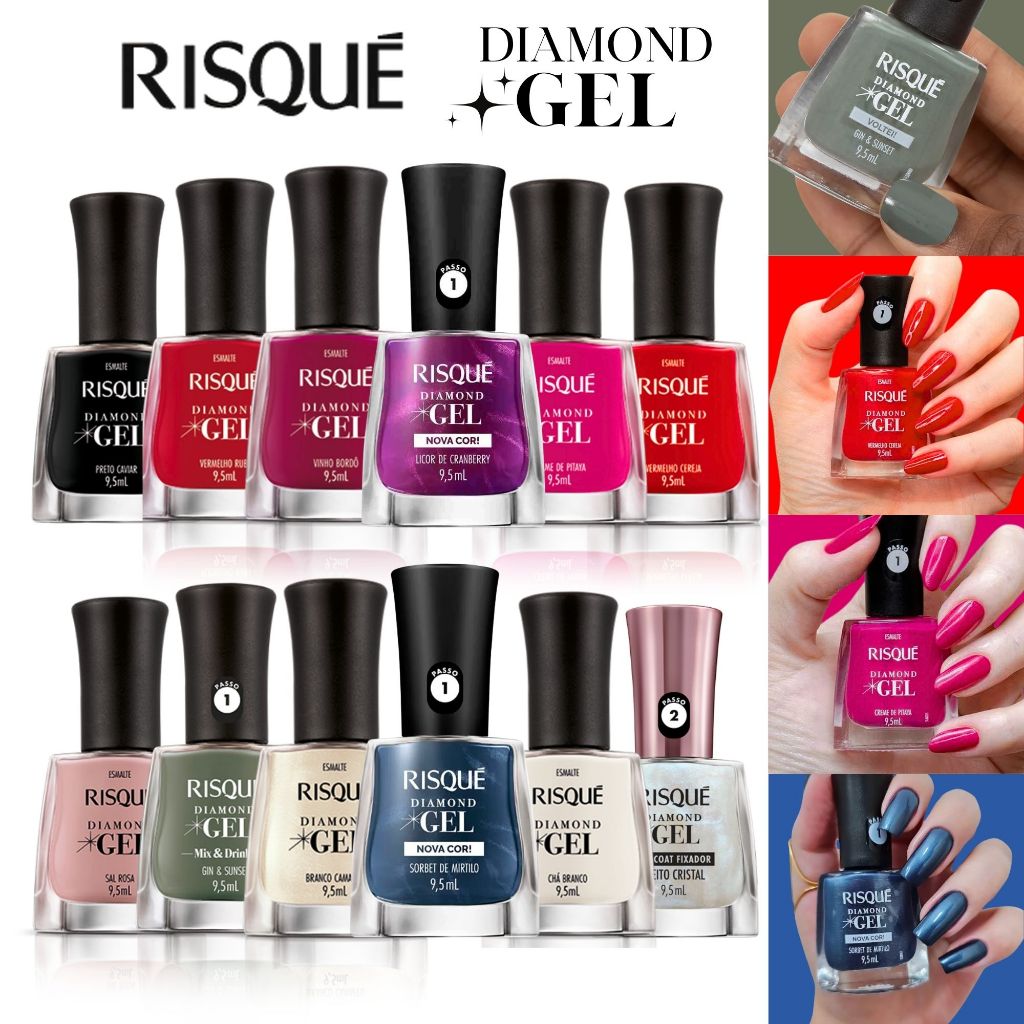 Kit 12 Esmaltes Risqué Diamond Gel Top Coat Risqué Efeito Cristal ...