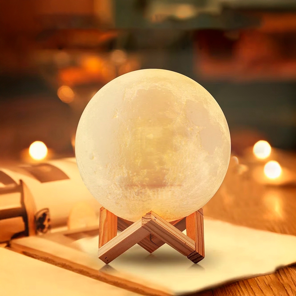 Luminária 3D Lua Cheia RGB Com Base De Madeira Com Toque Sensorial ...