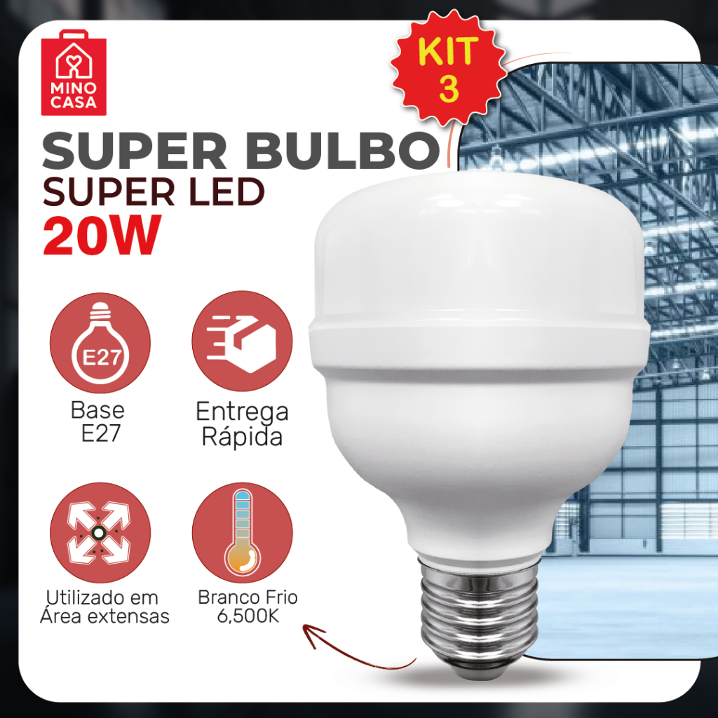 Kit 3 Super Bulbo Lâmpada Led 20w E27 Alta Potência Luz Branca 6500k ...