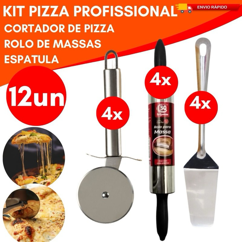 Kit Pizzaria Profissional 12 Peças Rolo Para Massas Cortador de Pizza e ...