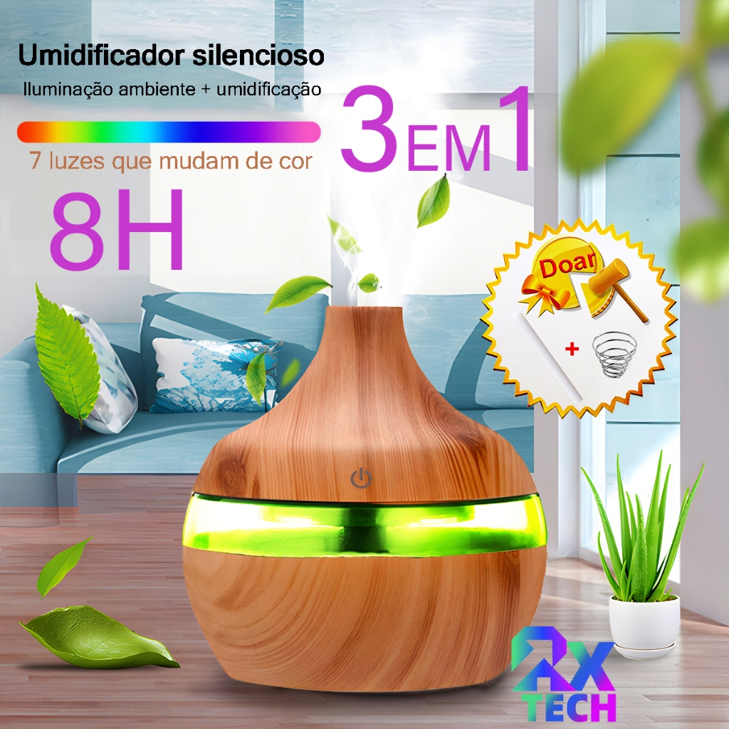 Umidificador De Ar E Difusor Aromatizador Grande 8H LED 300ml De Ambiente Eletrico Humidificador ...
