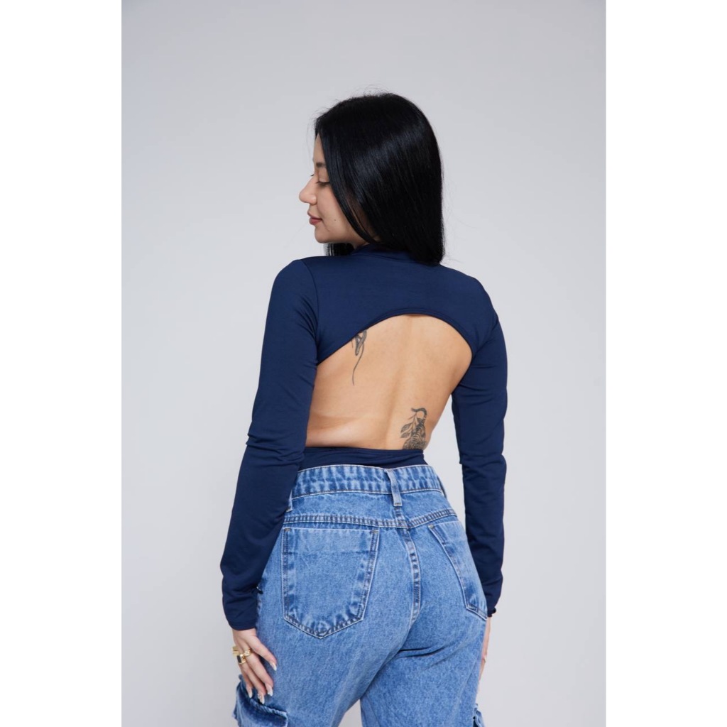 Body Costas Nua Cavado Costas aberta Decotada Manga Longa Moda Gringa ...