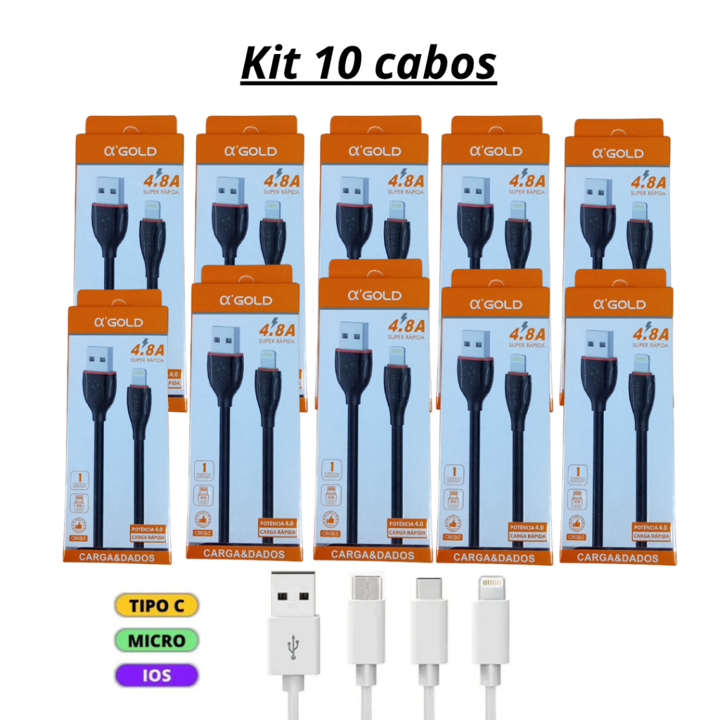 Kit 10 Cabo USB Celular Carregar Tipo C Iphone V8 Turbo Carregamento Rápido 4.8A Qualidade Agold ...
