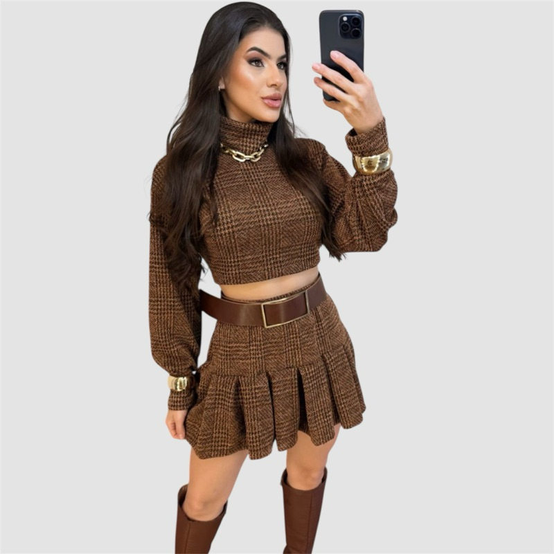 Conjunto Lanzinha Canelada Blusa Manga Longa Gola Alta e Saia Rodada ...