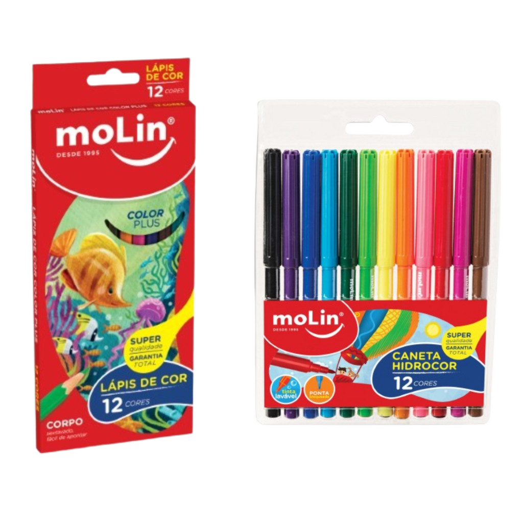 Kit escolar Caneta Canetinha Hidrocor 12 cores + Lápis de Cor Color Dream com 12 cores Molin ...