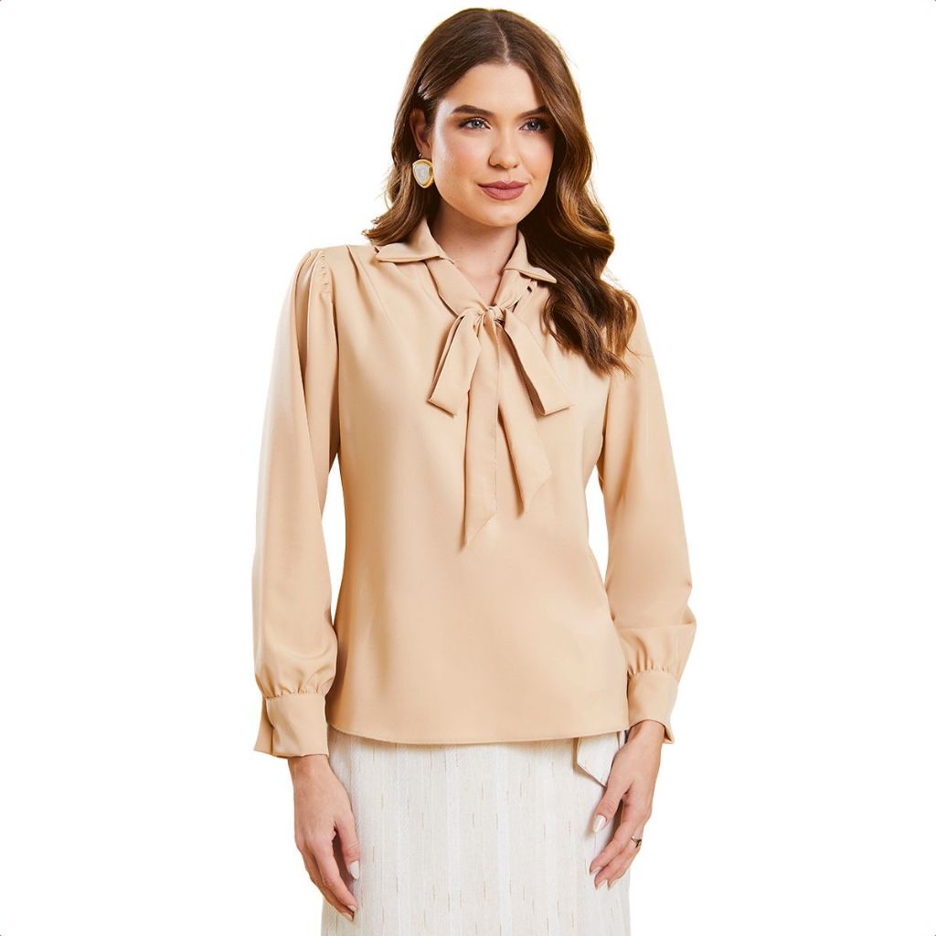 blusa feminina social manga longa tecido crepe com laço | Shopee Brasil