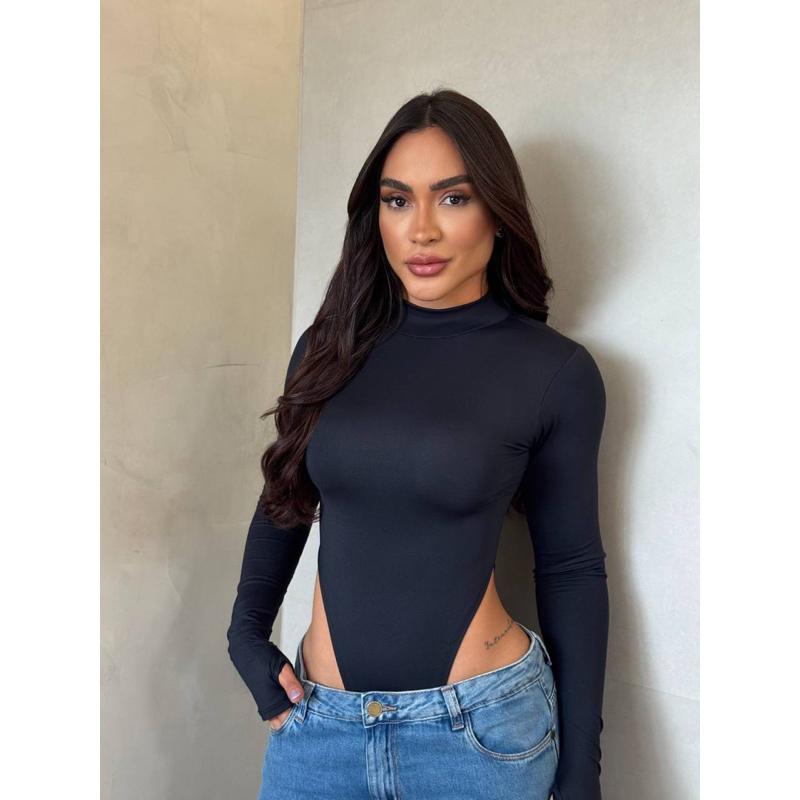 Body Feminino Cavado Basic Gola Manga Longa Duplo | Shopee Brasil