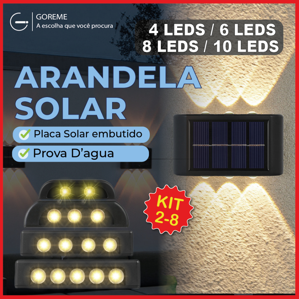 Kit 8 Luminária Arandela Solar 4 6 8 10 LED Luz Branco Quente para Parede a Prova dágua Spot ...