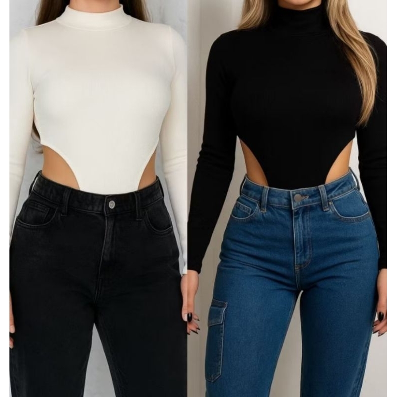 body collant feminino cavado gola alta manga longa | Shopee Brasil