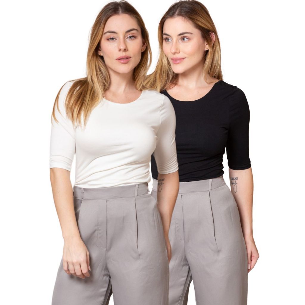 Kit 2 Blusas Feminina Manga 3/4 com Abertura nas Costas | Shopee Brasil