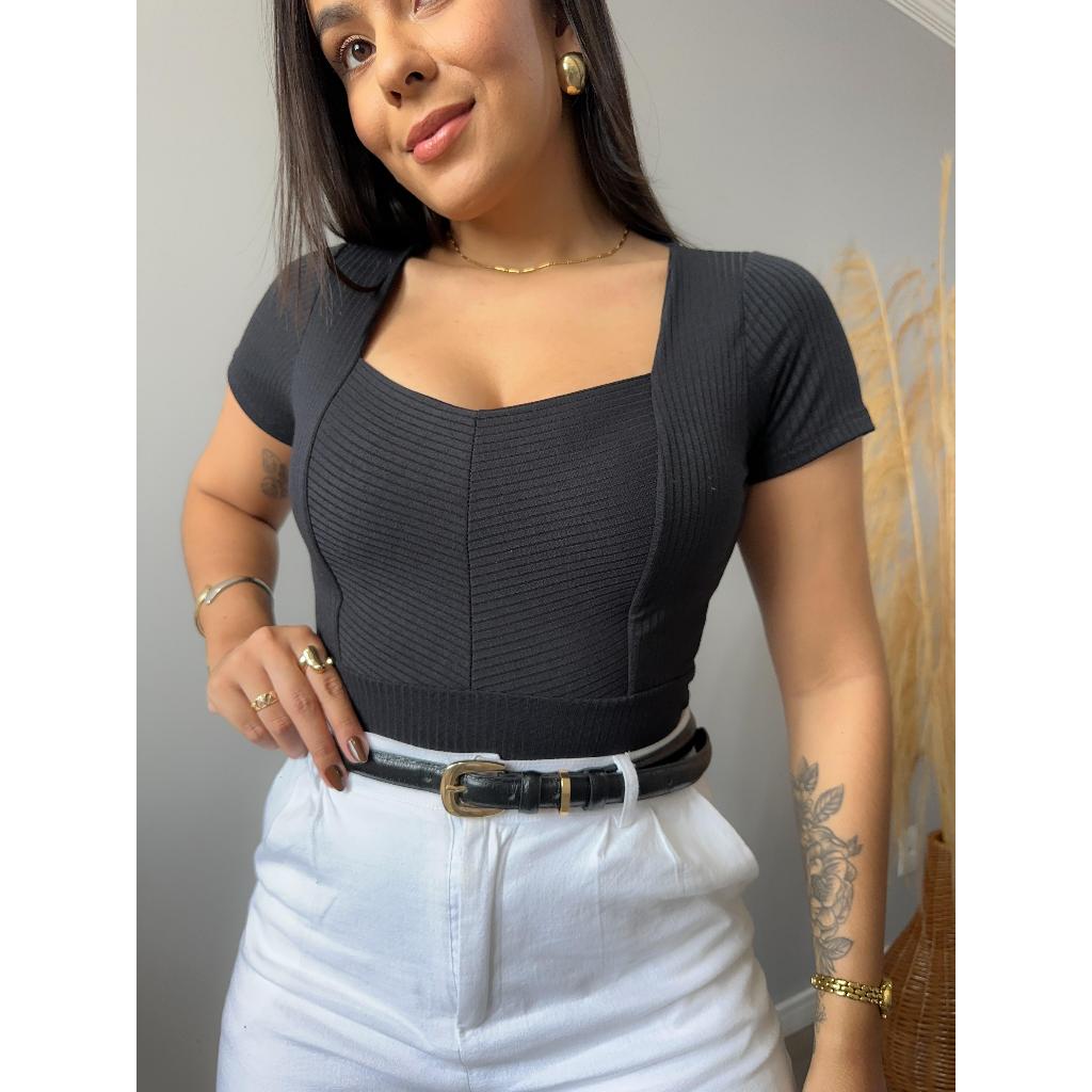 Blusa Feminina Recortada Decote Quadrado Manga Curta Dia a Dia Casual ...