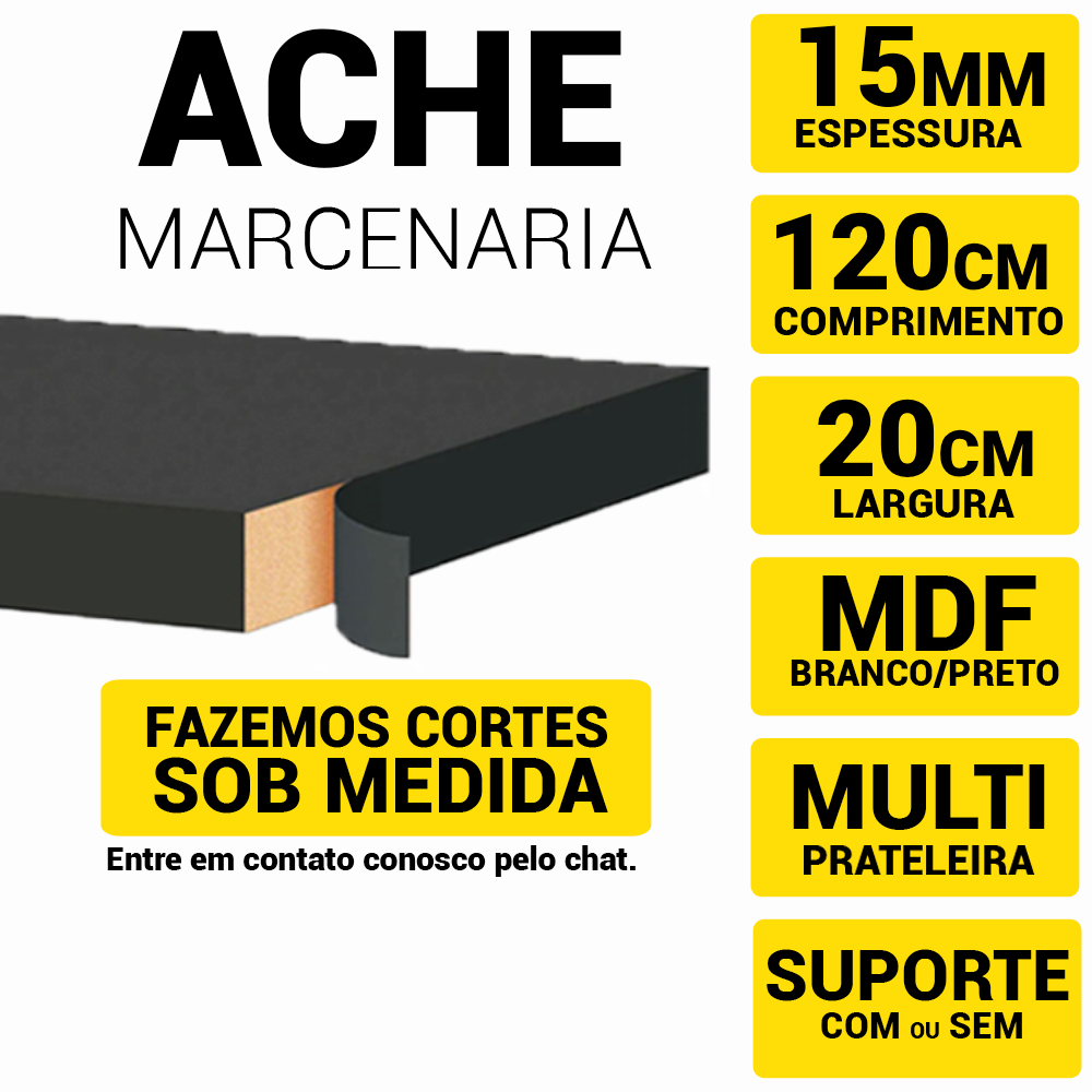 Prateleira Mdf 15mm Preto Tx 120x20cm C/Acabamento Fitado 3 Lados ...