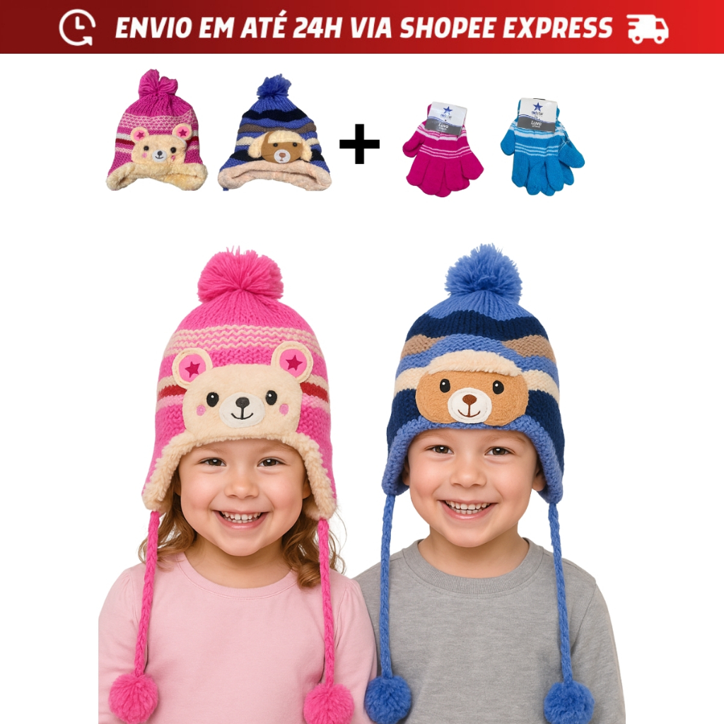Touca de Frio Infantil Gorro Forrada de Pelinho Menina ou Menino Com Lã ...