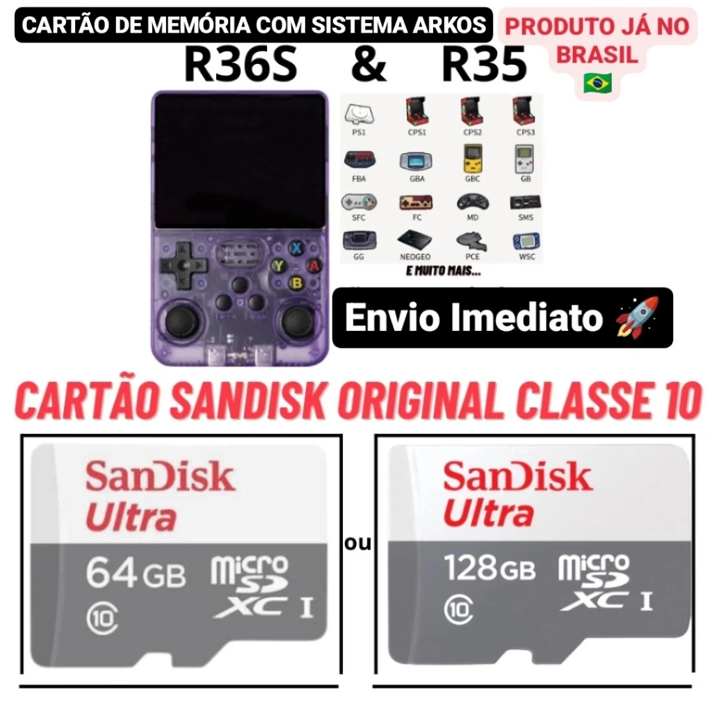 Cartão de Memória Micro SD 64GB Original Com Sistema ArkOS Atualizado 2025 + Jogos P/ Game ...