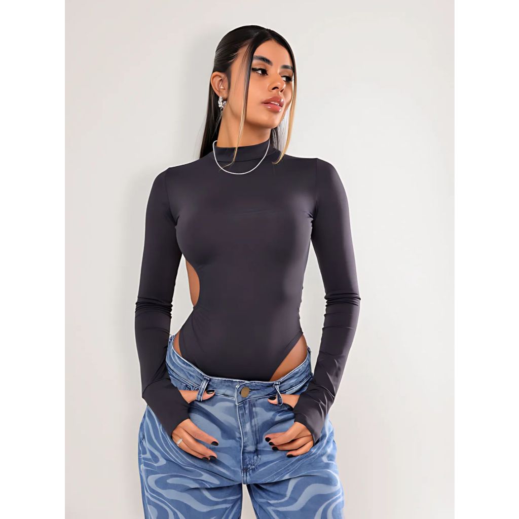 Body Costas Nuas Manga Longa Poliamida Recortes Elegante Lançamento ...