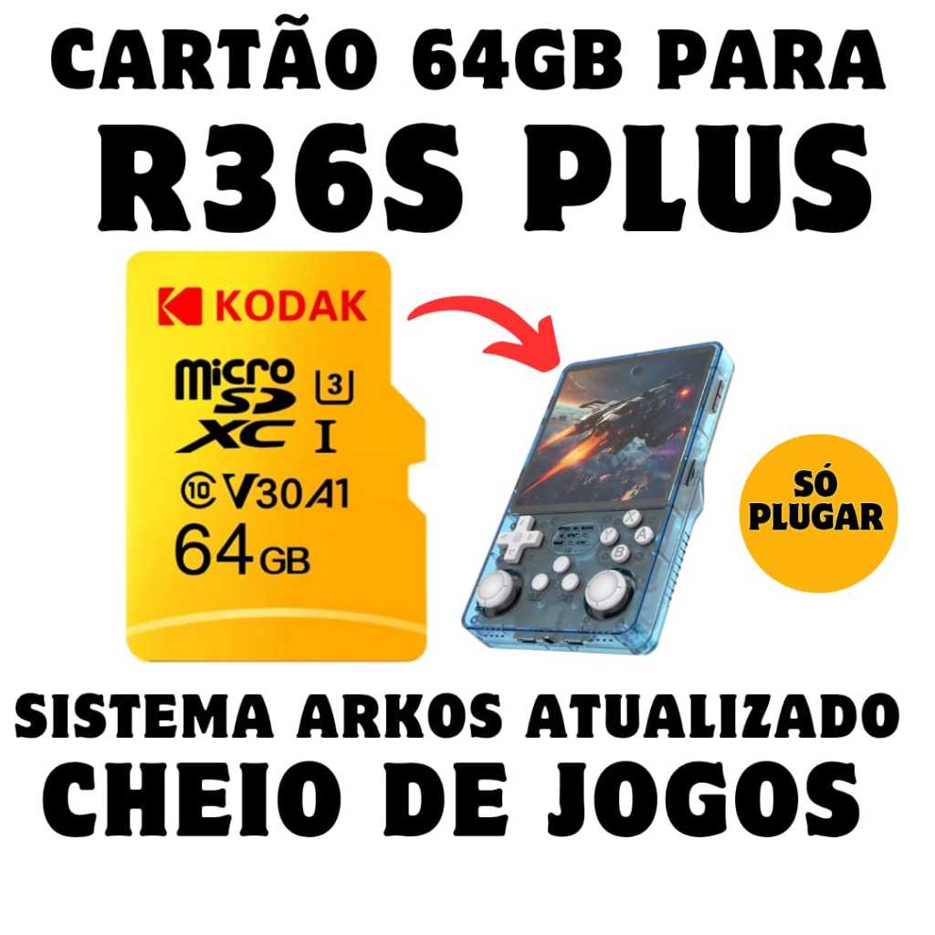 Cartão 64GB Para R36S Plus - O Micro SD Vai Com Sistema Arkos Atualizado e Cheio de Jogos ...