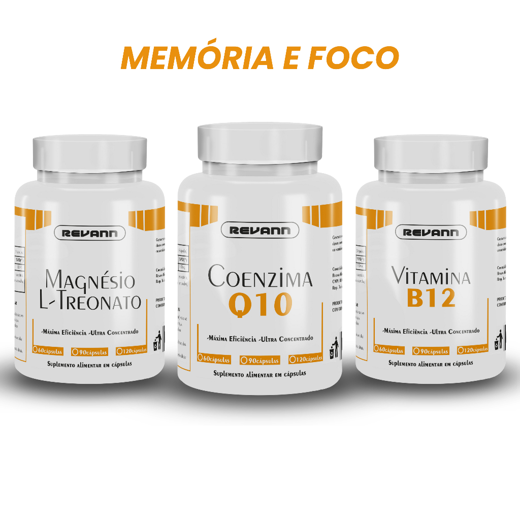 Kit Coenzima Q10 + Vitamina B12 + Magnésio L-Treonato - Memória e Foco - 60 e 120 Cápsulas ...