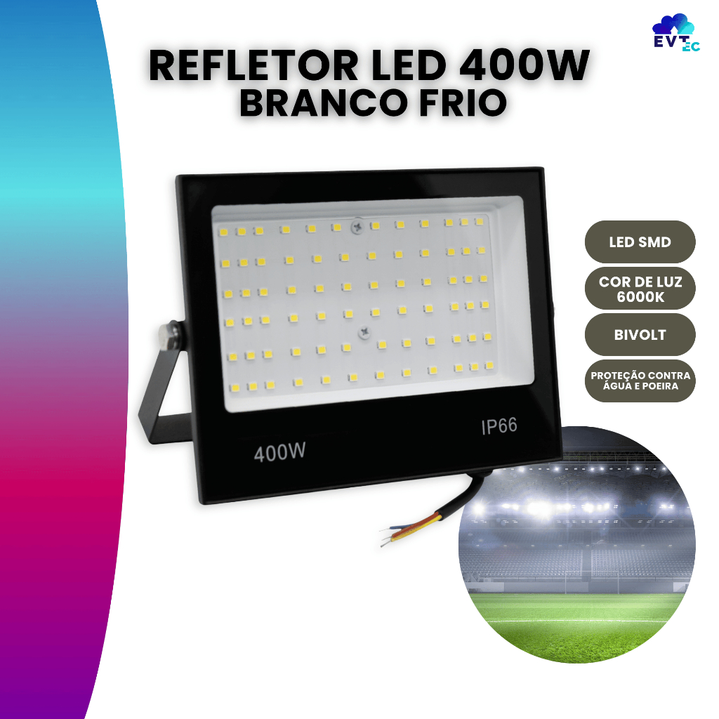 Refletor Holofote Led 400w Ip66 Prova D'água Bivolt Forte Luz Branco Frio 6000K - Faz a Boa!