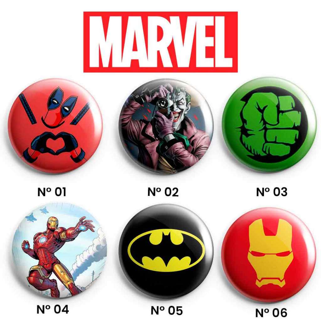 Kit Bottons/Botons/Buttons/Broches/Pin Redondo MARVEL & HERÓIS 4,5 cm ...