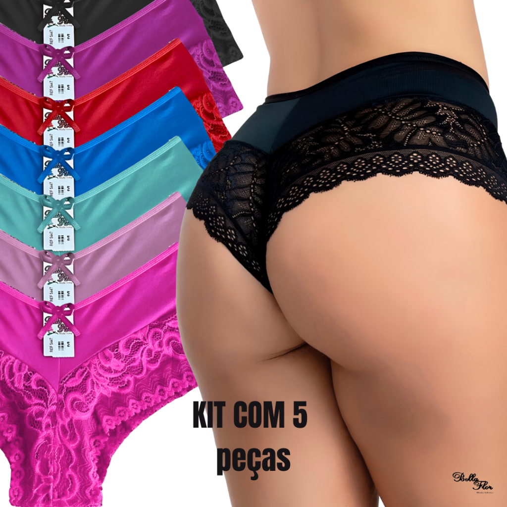 Kit 5 Calcinhas Luxo Renda Box Shortinho Cueca Feminina Forro 100% algodão | Shopee Brasil