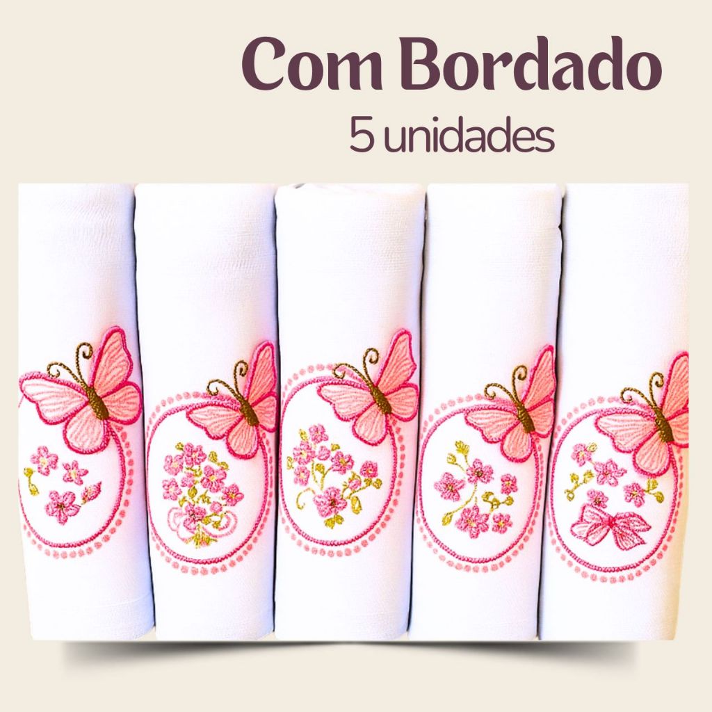 Fralda De Pano Bordada Bebê 5 unidades 100% Algodão 70x70cm Enxoval ...