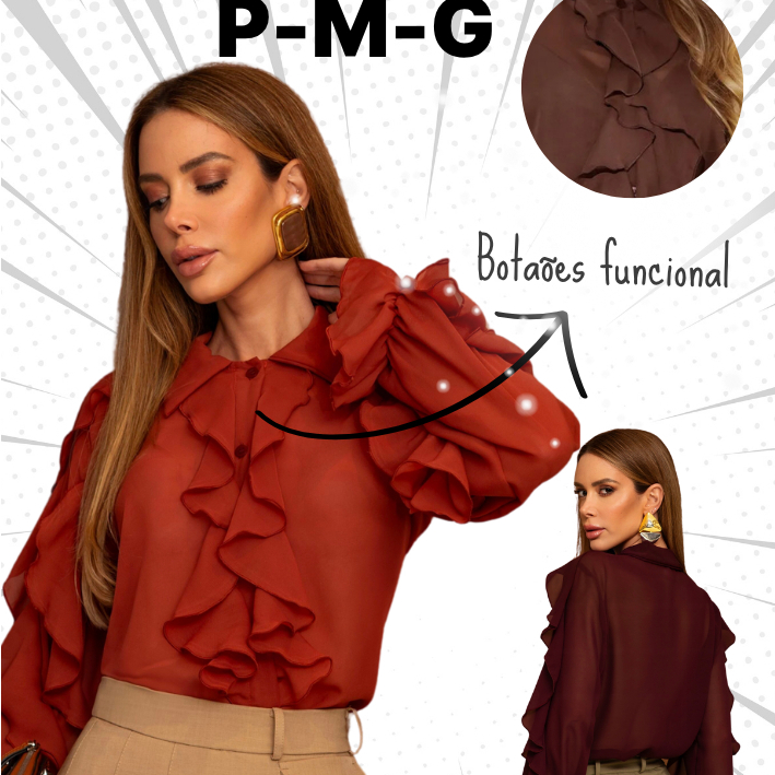 Camisa feminina manga longa com babado/botões funcionais/leve ...