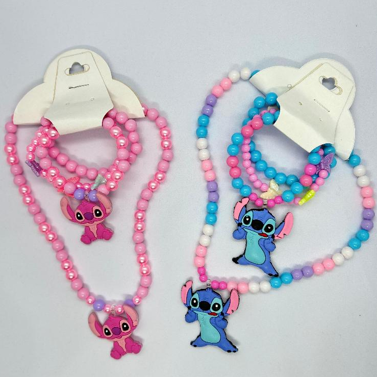 Conjunto Infantil Colar + 3 Pulseiras miçangas Stitch, Labubu ou ...