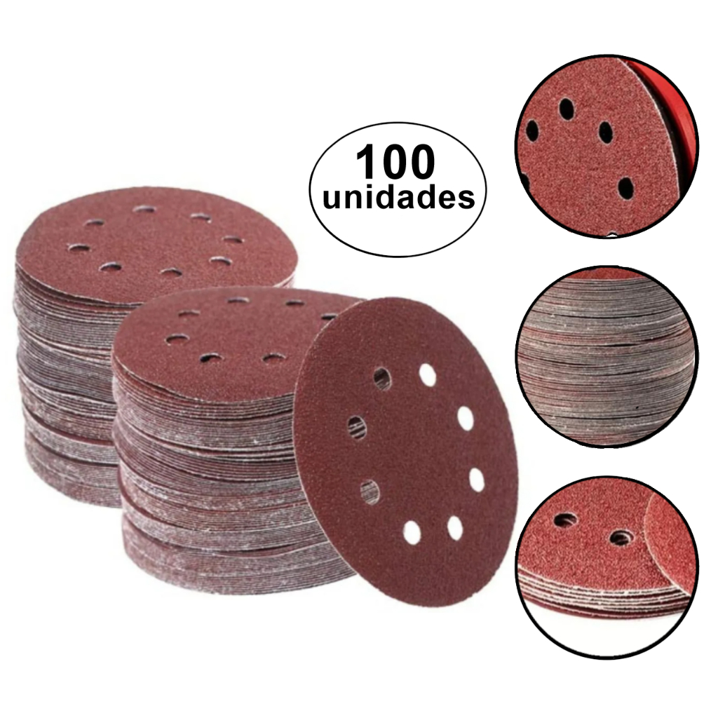 Disco de Lixa Velcro Circular 125mm 8 Furos 100 Unidades Lixadeira Roto ...