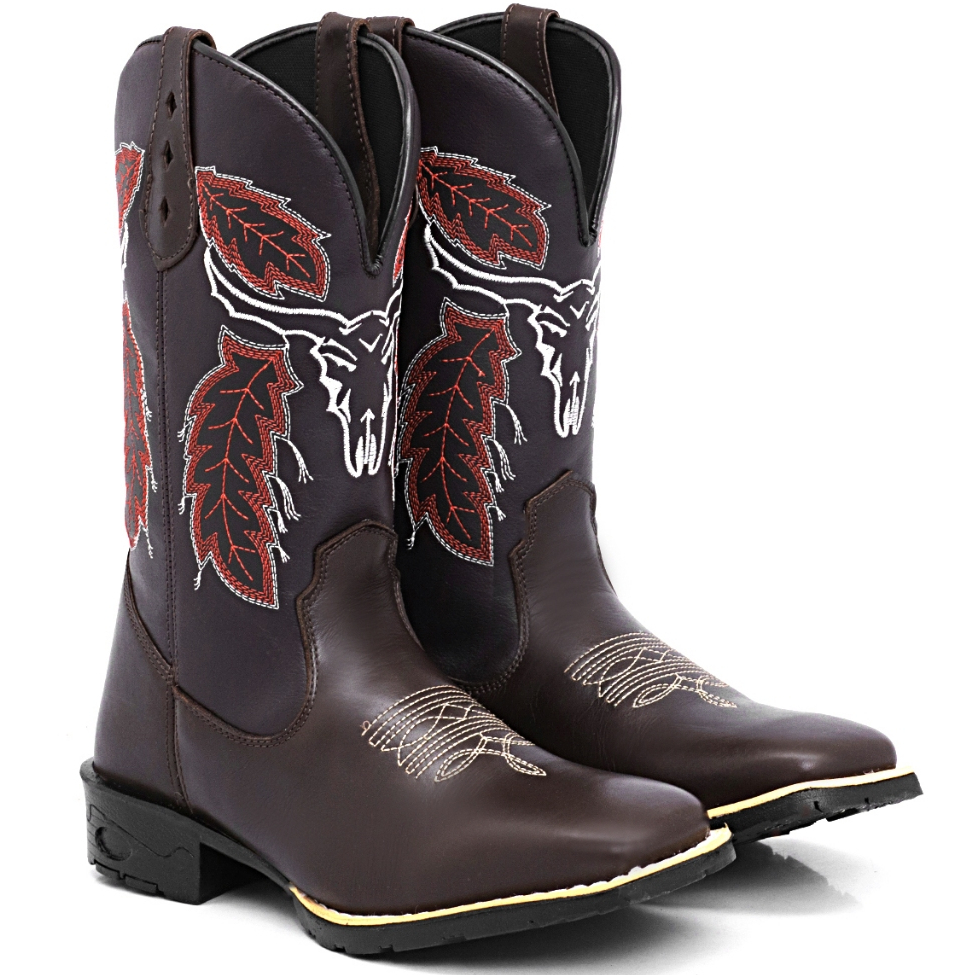 Bota texana Country em Couro Legitimo Bico Quadrado Cara de boi Folhado ...