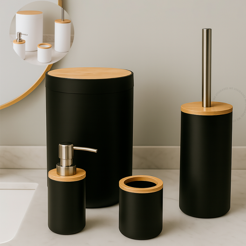 Kit Banheiro Conjunto 4 Peças Completo Lixeira Bambu Escova Sanitária ...