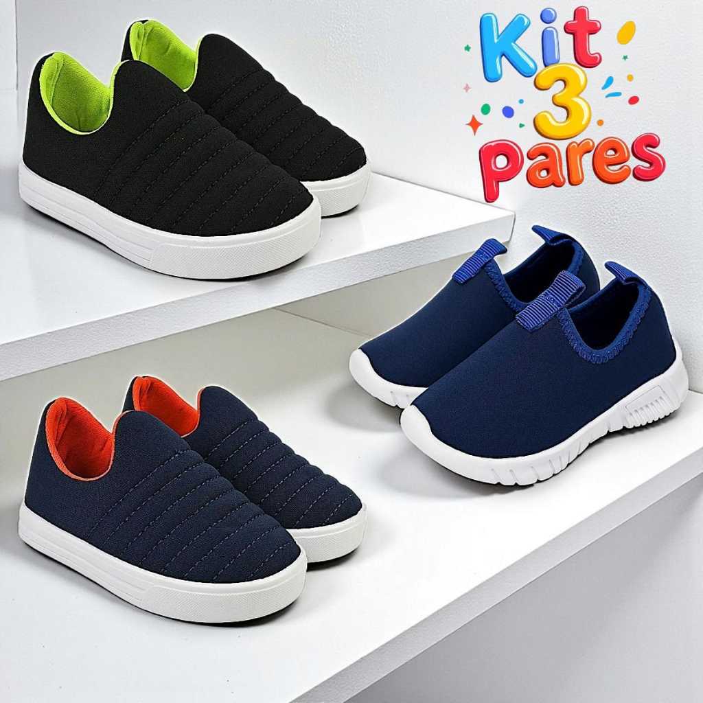 Kit 3 Pares Tênis Infantil Escolar Calce Fácil Menino | Shopee Brasil