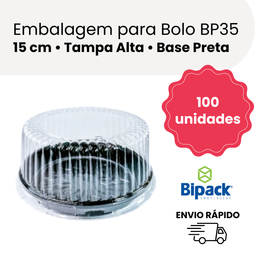 100 un BP35 Embalagem para Bolo Torta Redonda 15 cm diâmetro Tampa Alta Base Preta Bipack ...