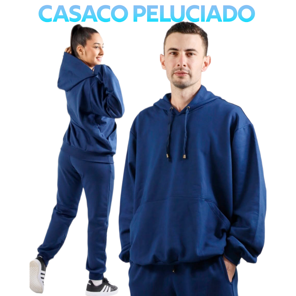 Casaco de Moletom Peluciado Oversized com Touca e Bolso Canguru Azul ...
