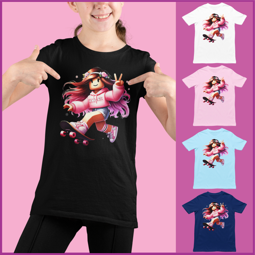 Camiseta Roblox menina Rosa Preta Azul Marinho Bebê Branco Skate Paz ...