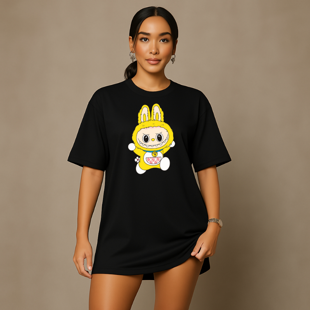 Camiseta T Shirt Labubu Pijama Feminina Preta Manga Curta 100% Algodão ...