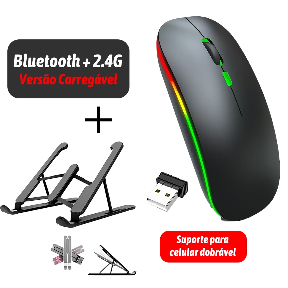 Kit de Mouse Bluetooth com LED Recarregável + Suporte Ajustável para ...