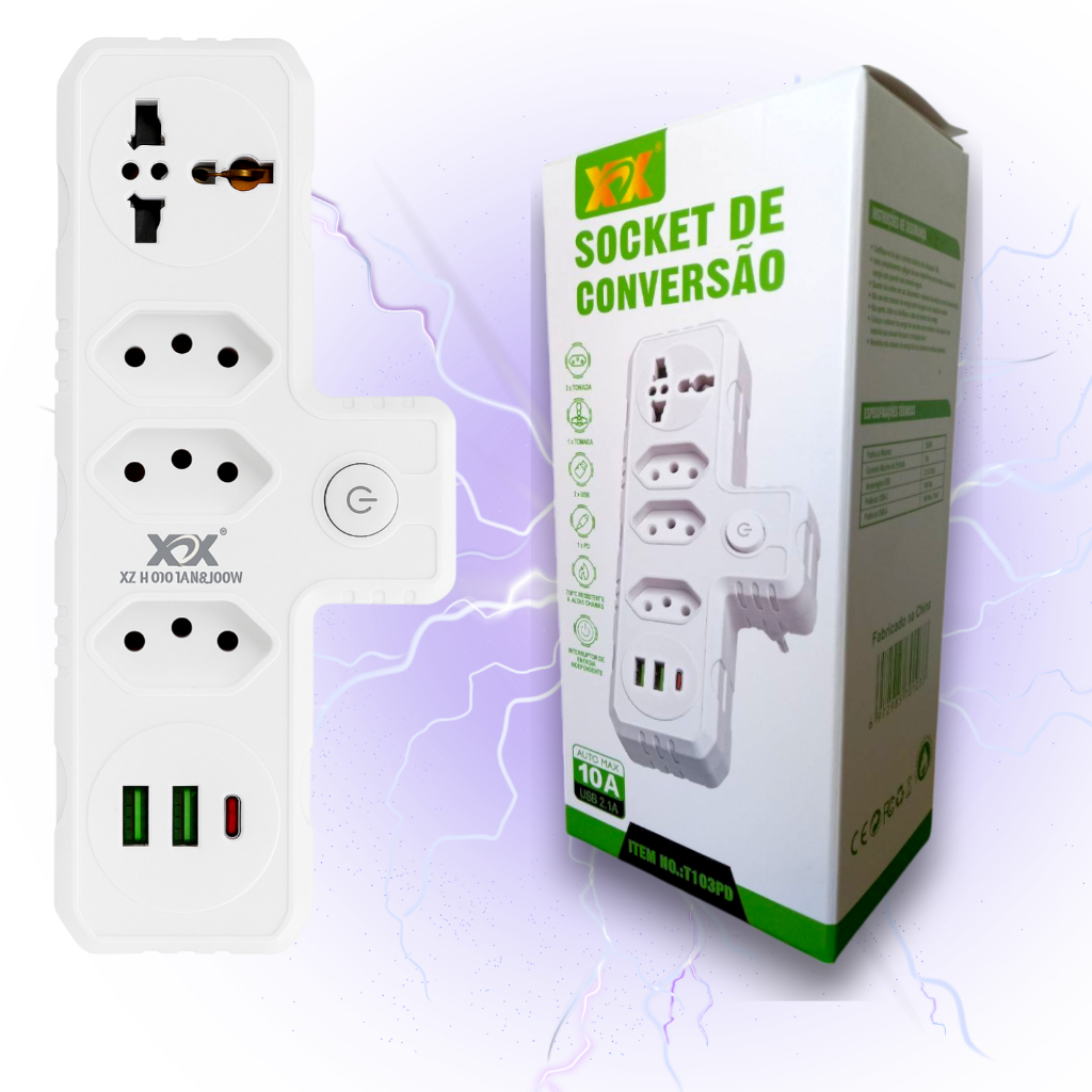 Plug Benjamin Bivolt 4 Tomadas + USB + Lightning + Entrada Universal ...
