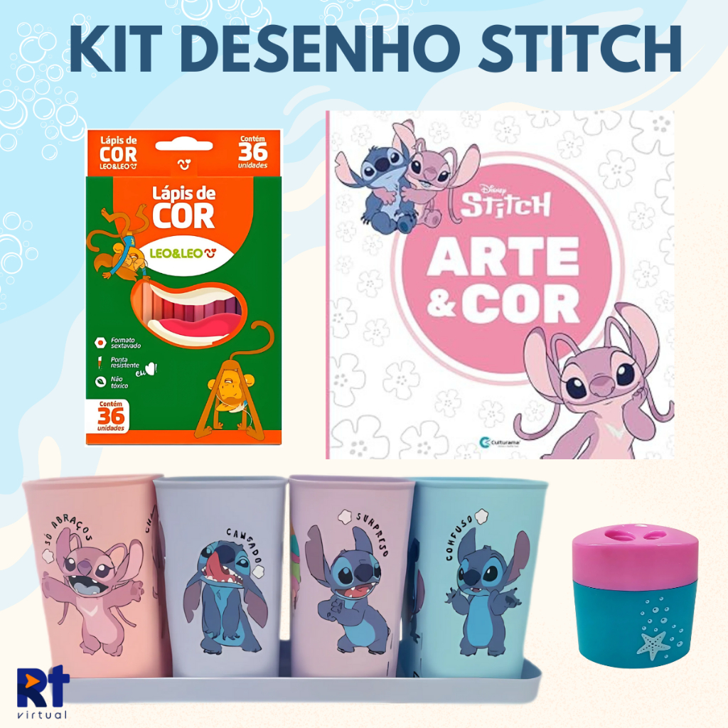 Kit colorir stitch 36 lápis de cor + porta lápis + apontador+ livro 36 ...
